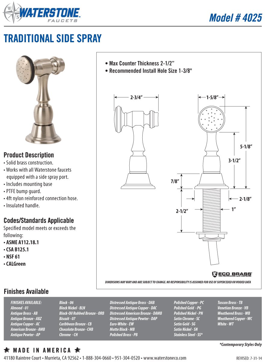 Waterstone 4025-CHB Chocolate Bronze Annapolis Suite Traditional Style Side Spray