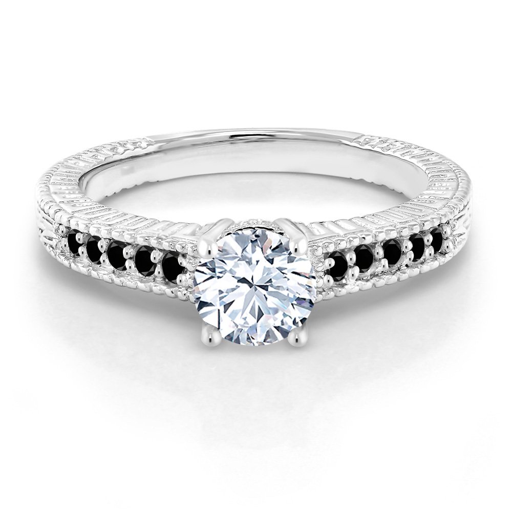 Gem Stone King 925 Sterling Silver White Created Sapphire and Black Diamond Engagement Ring For Women (1.37 Cttw, Available in size 5, 6, 7, 8, 9)