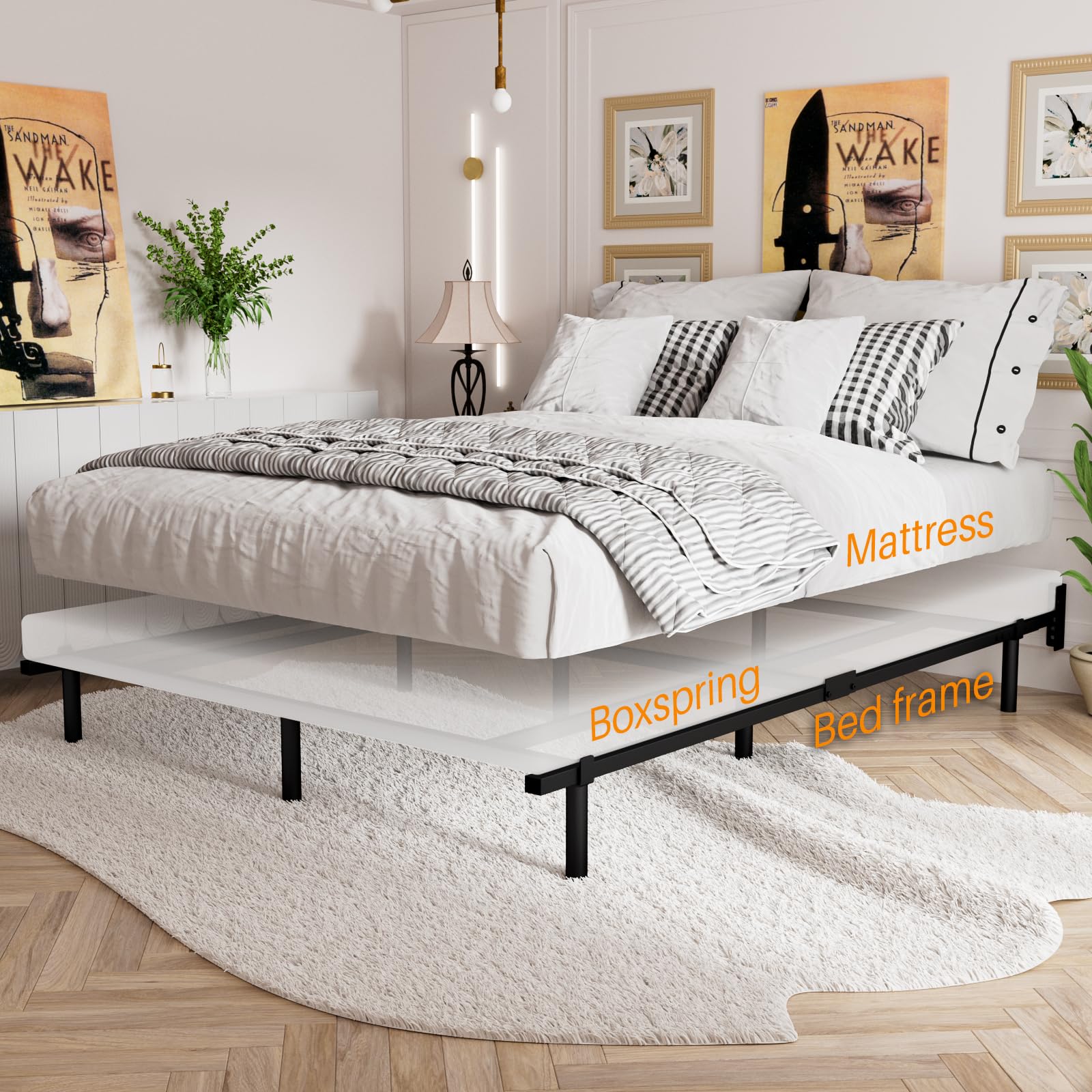 UJUJIA Queen Bed Frame, 7 Inch Low Heavy Duty Metal Platform Bed Frames Queen Size for Box Spring and Mattress, Easy Assembly, Noise-Free, Adjustable, Black