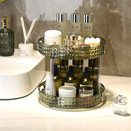ROWNYEON Rotating Makeup Organizer 2 Tier Skincare Organizers with Handle Bathroom Organizer Perfume Organizer Spinning Cosmetics Organizer for Vanity,Cabinets, Pantry, Fridge, Countertops,Kitchen