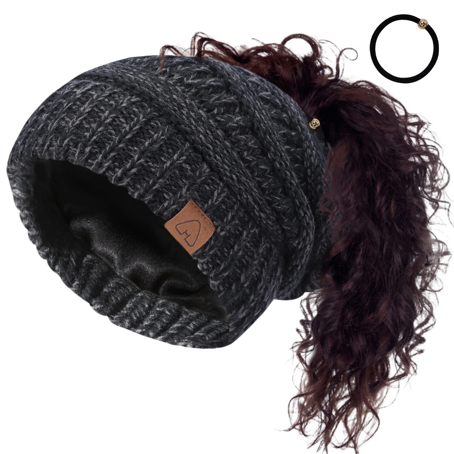 Hat Hut Satin Lined Winter Beanie Hat for Curly Hair Women Silk Lined Ponytail Beanie Messy Bun Cable Knit Chunky Skull Cap (Black Charcoal)