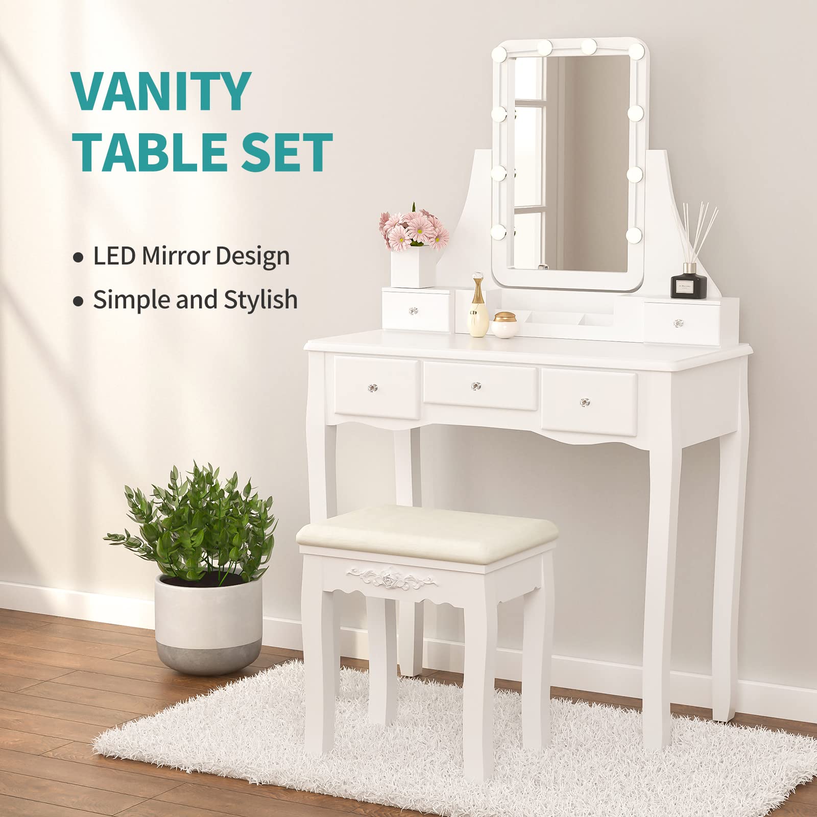 GinguoHome Vanity Set with Lighted Mirror Dimming, Makeup Vanity w/Touch Screen Switch,Dressing Table with Cushioned Stool&5 Drawers,3 Removable Dividers for Bedroom Vanity Desk White