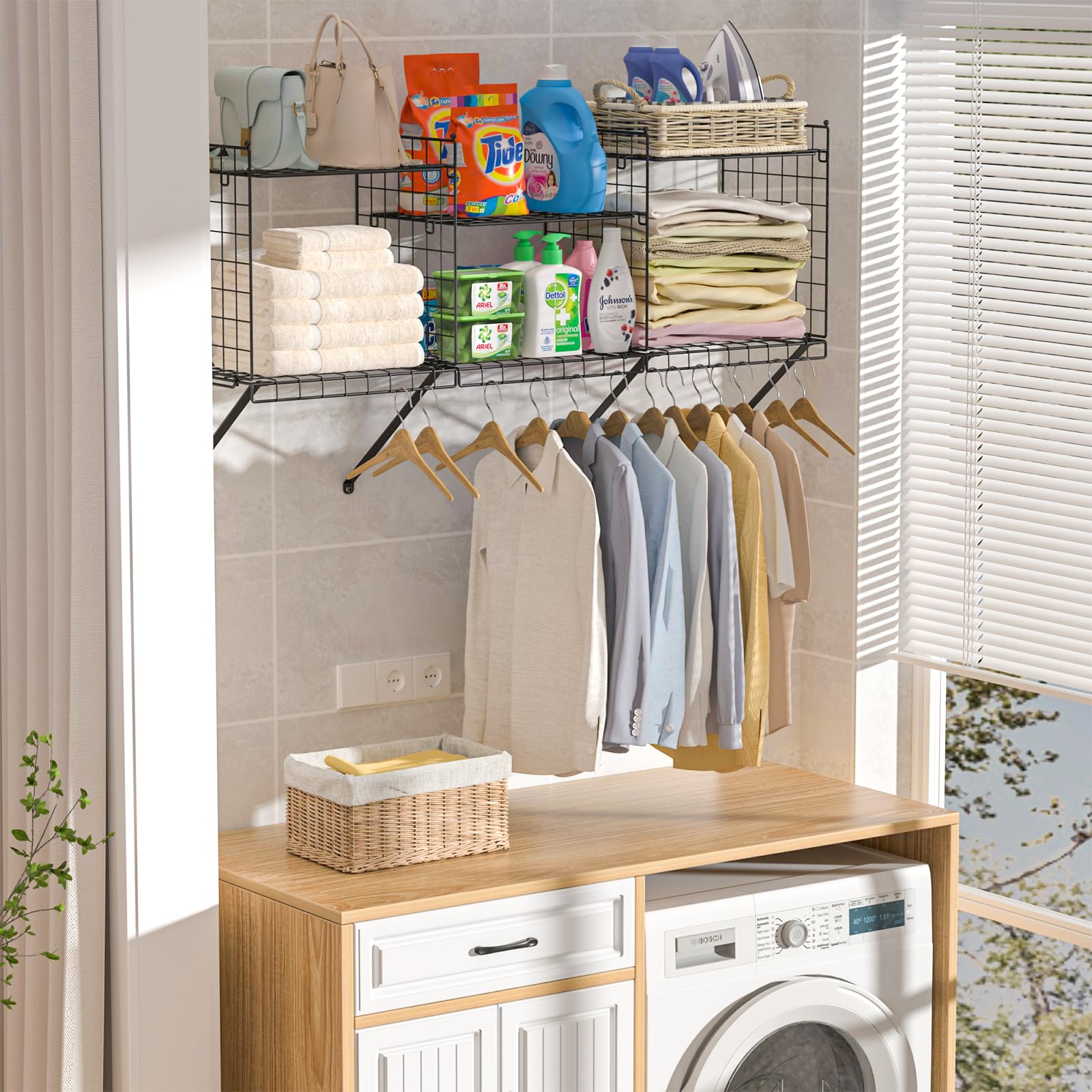 X-cosrack 3 Pack Wire Shelves Wall Mounted with with Height-Adjustable Shelf, 2 Tier Closet Wall Shelves with Wire Storage Baskets for Closet Garage Laundry Room Organization and Storage