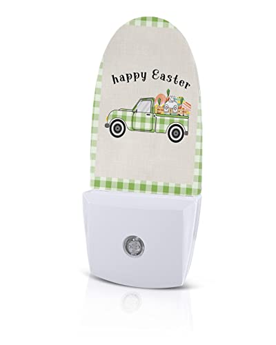 Spring Easter Night Light, LED Plug in Night Light, Green Checkered Truck Bunny Colorful Eggs Carrot Night Lights with Dusk to Dawn Sensor Decorative Kids/Adults Nightlight for Bedroom Bathroom