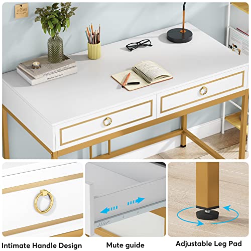 Tribesigns Computer Desk with 2 Drawers, 41.34β Modern Simple White and Gold Writing Desk with Storage Drawers, Makeup Vanity Console Table Study Desk for Home Office