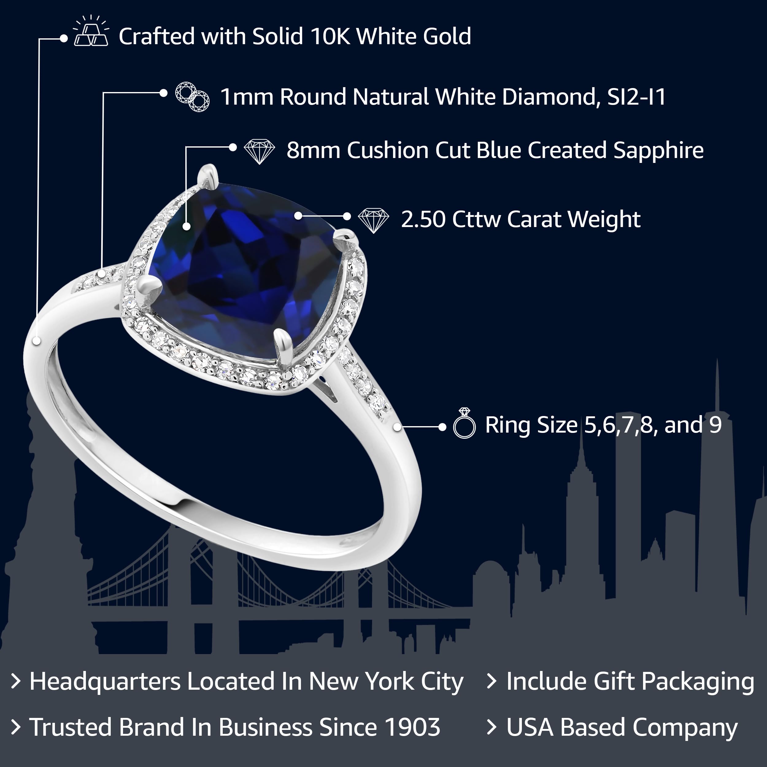 Gem Stone King 10K White Gold Blue Created Sapphire and Accent Diamond Engagement Ring For Women (2.50 Cttw, Cushion 8MM, Available In Size 5, 6, 7, 8, 9)