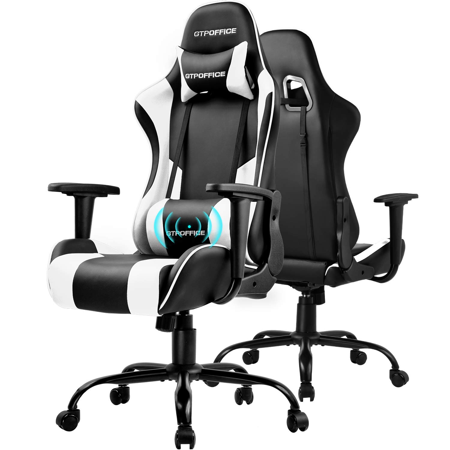 Gaming Chair Massage Office Computer Chair for Adult Reclining Adjustable Swivel Leather Computer Chair High Back Desk Chair Headrest and Massage Lumbar Support Cushion,1 Pack (White)
