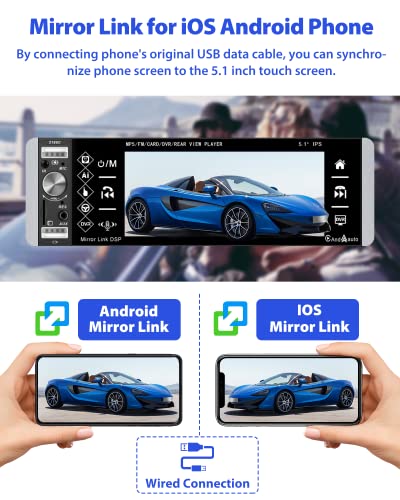 Single Din Car Stereo Compatible with Apple Carplay & Android Auto, Hikity 5.1 Inch Touchscreen Car Stereo Blueooth, Mirror Link, FM, Siri, SWC, USB/AUX/TF Input, Mic, Backup Camera