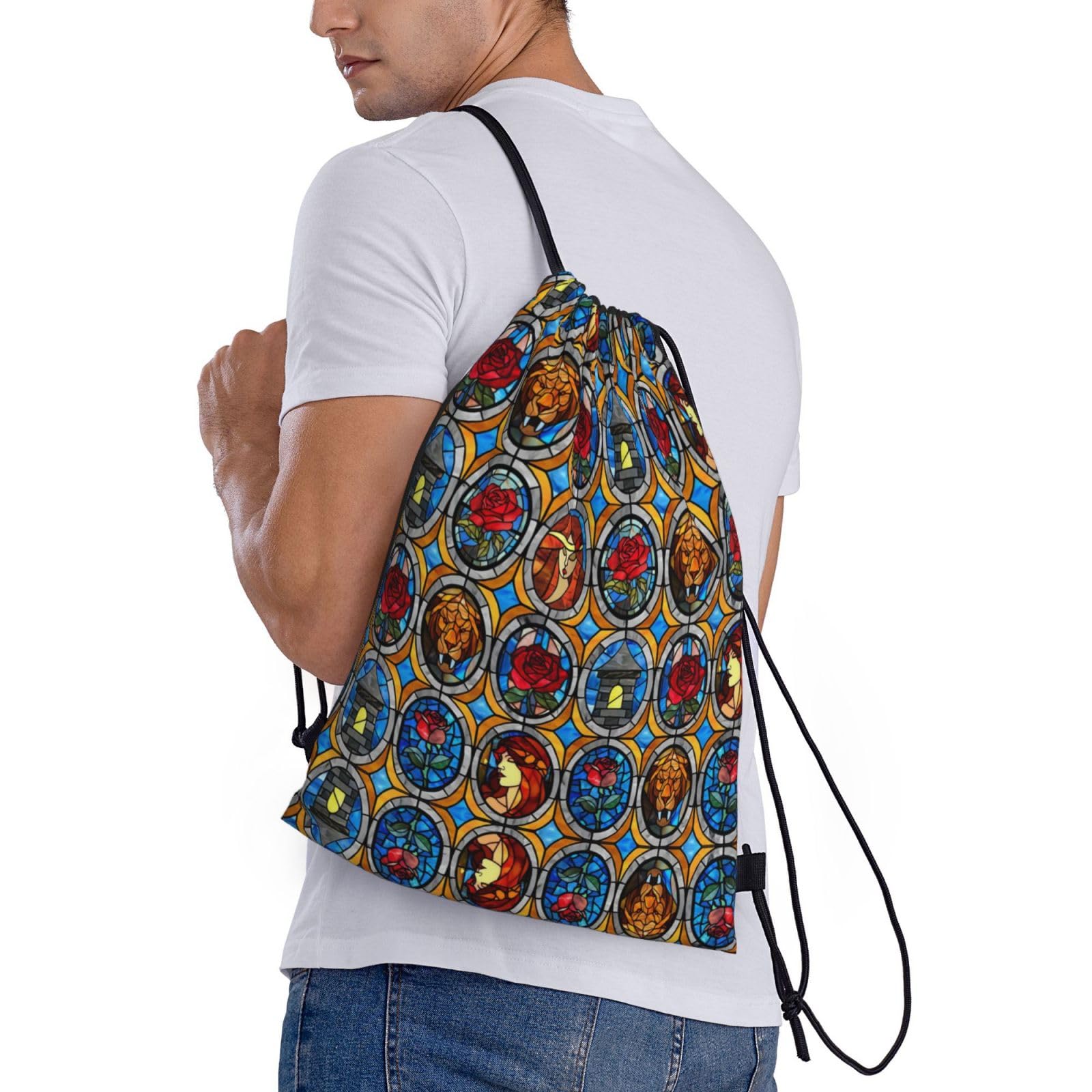 Gocerktr Beauty and Beast Fairytale Glass Waterproof Drawstring Backpack for Women Men string bag Lightweight Gym Sackpack Beach Hiking Yoga Travel