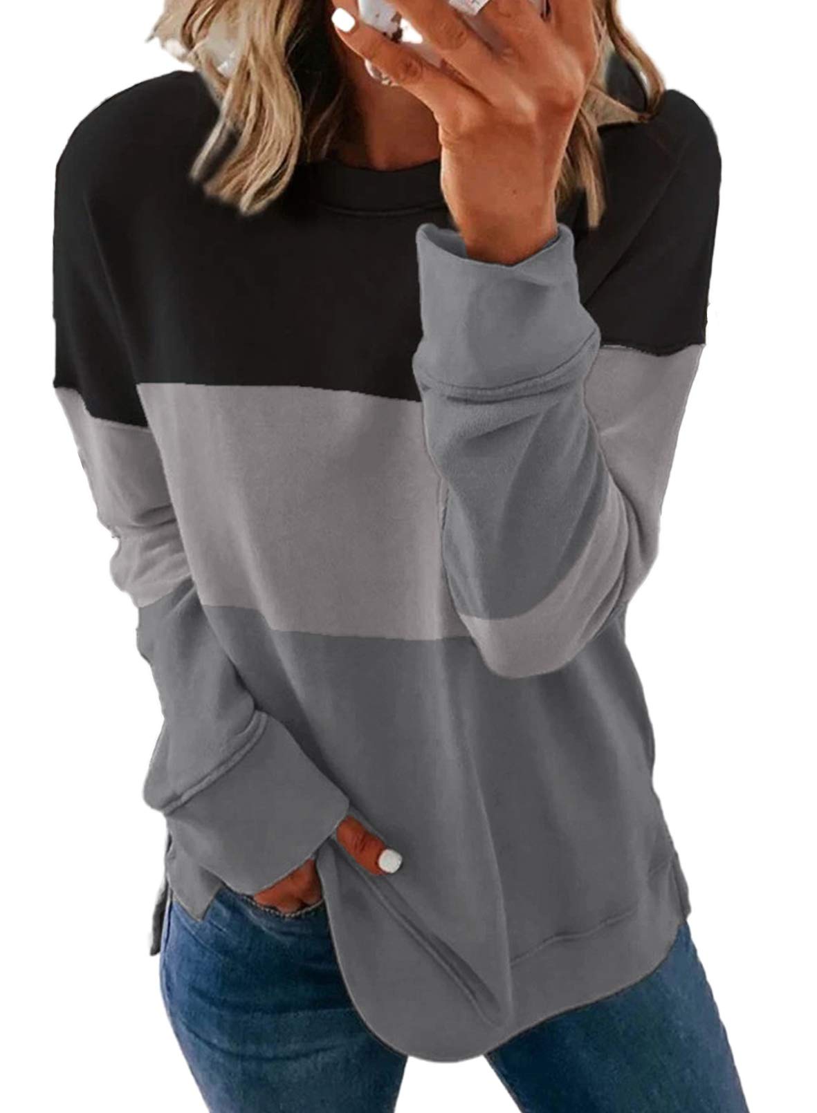 HOTAPEI Womens Fashion Lightweight Color Block Patchwork Sweatshirts Round Neck Long Sleeve Loose Pullover Tops Black Medium 8 10