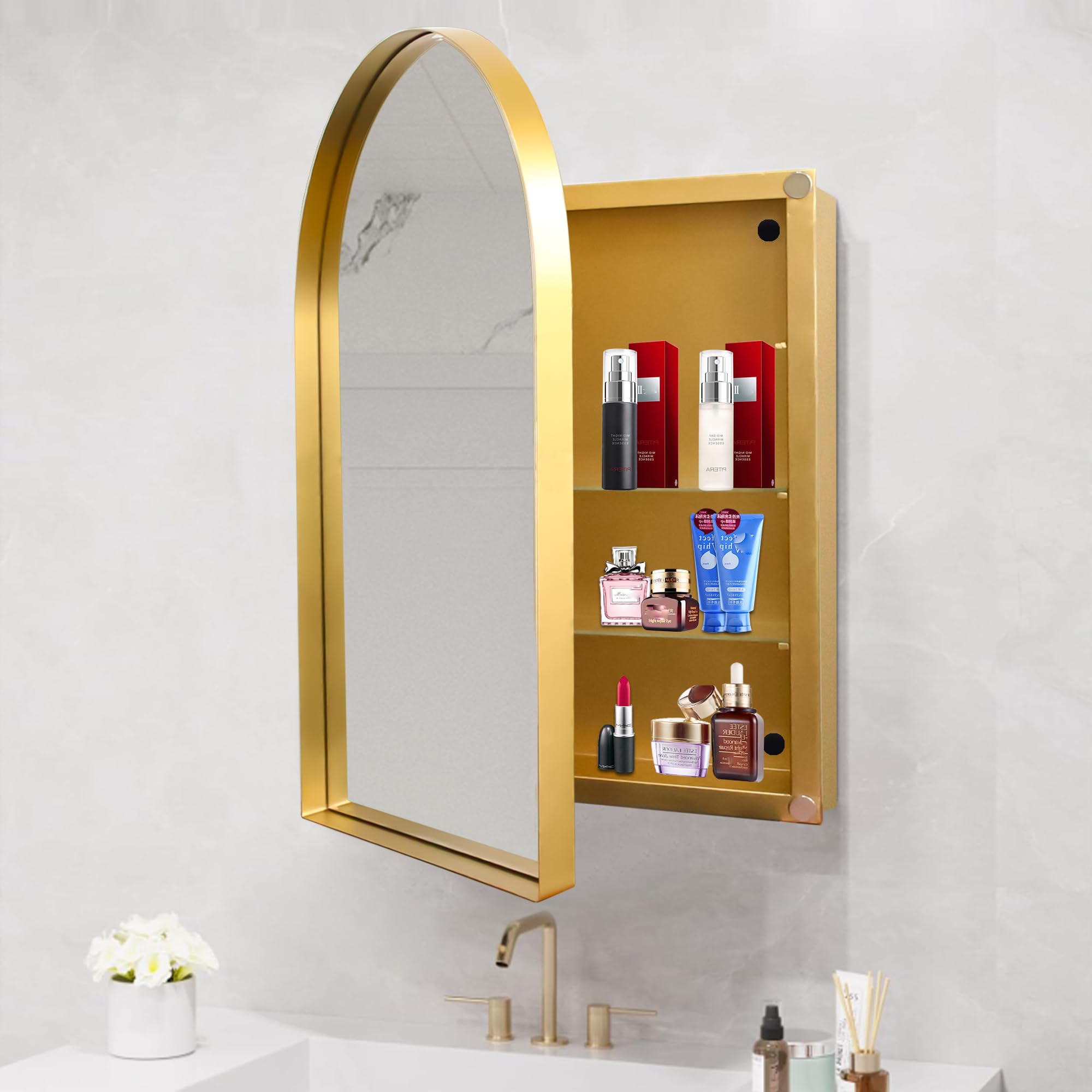 roomfitters 24x36 Arched Recessed Medicine Cabinet, Metal Framed Storage Cabinet with Mirror for Bathroom, Matte Black