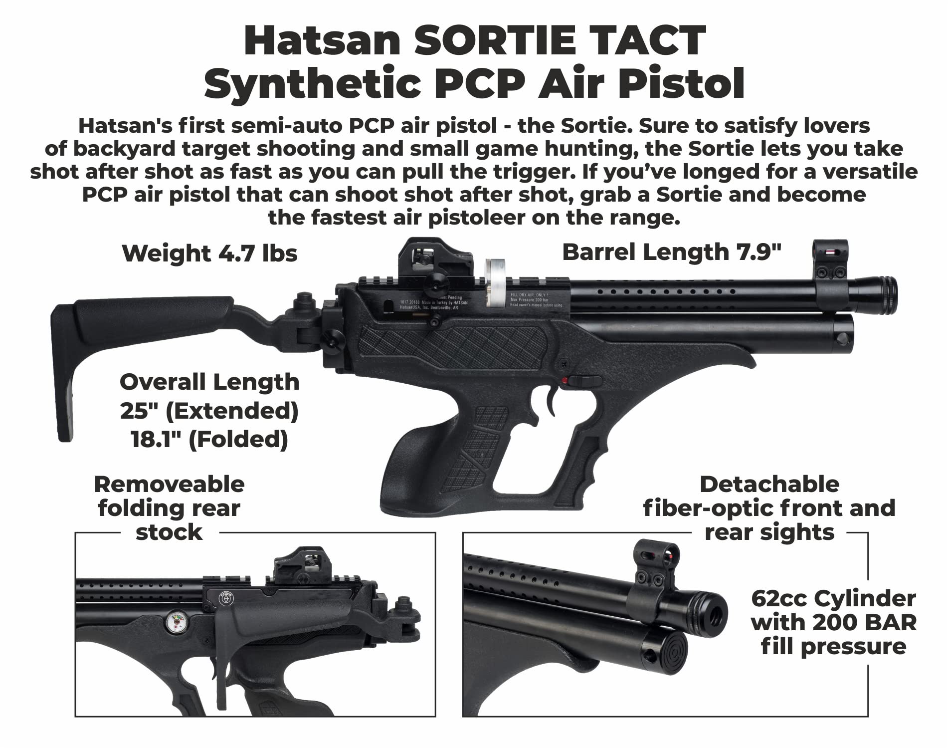 Hatsan Sortie Tact Semi-Auto PCP Synthetic .25 Cal Air Pistol with Wearable4U 100x Paper Targets and 150x .25cal Pellets Bundle