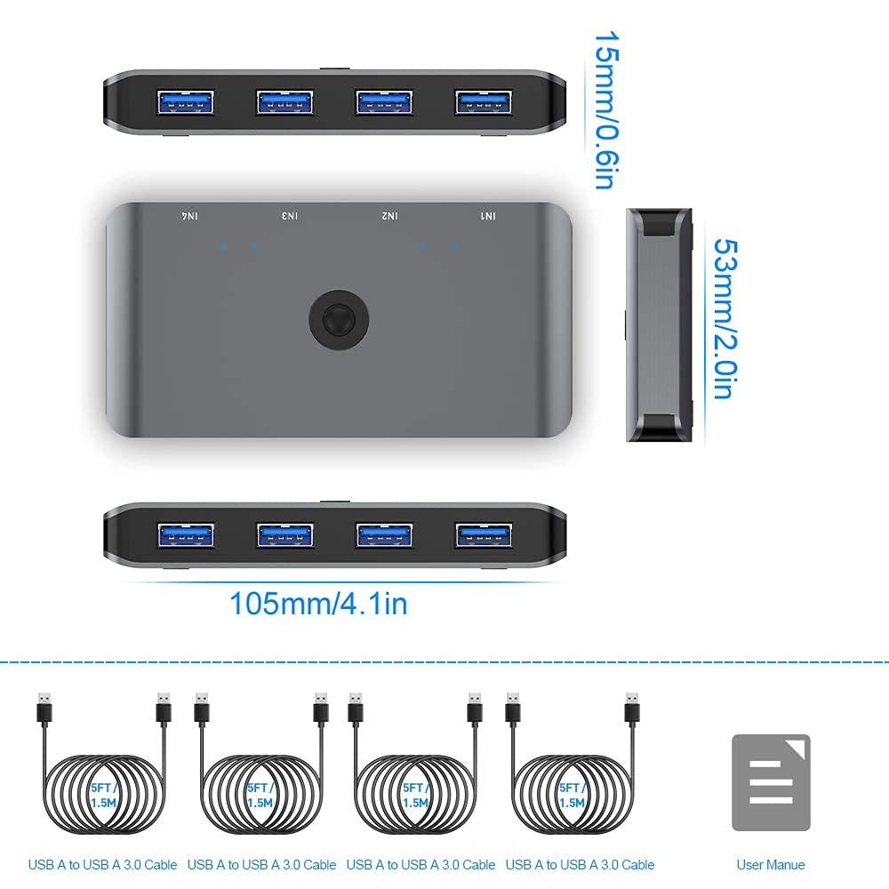 USB 3.0 Switcher Selector 4 Computers Sharing 4 USB Devices Aluminum KVM Switch Hub Adapter for Mouse Keyboard Scanner Printer PC, KVM Console Box with One Button Swapping and 4 Pack USB Cable