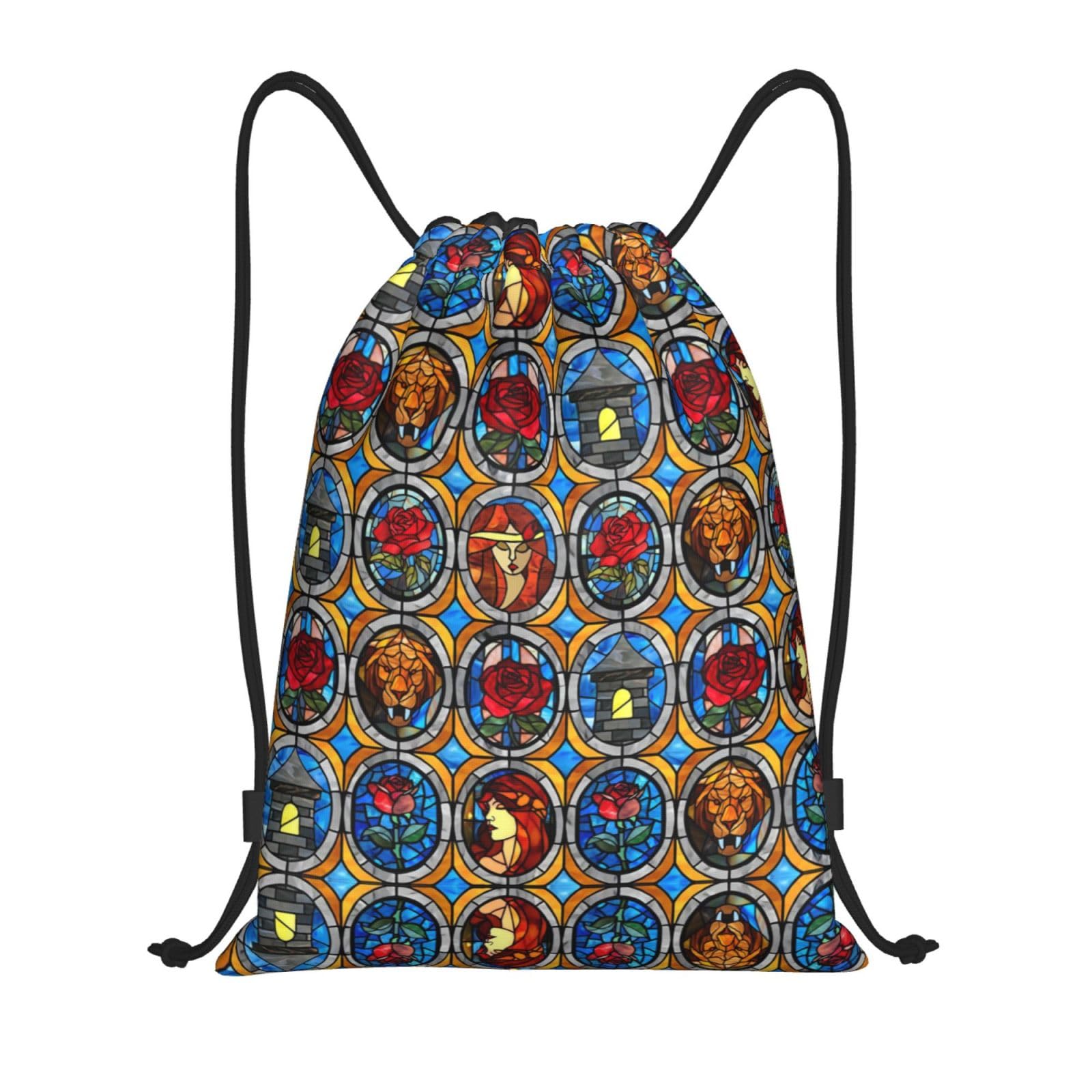Gocerktr Beauty and Beast Fairytale Glass Waterproof Drawstring Backpack for Women Men string bag Lightweight Gym Sackpack Beach Hiking Yoga Travel
