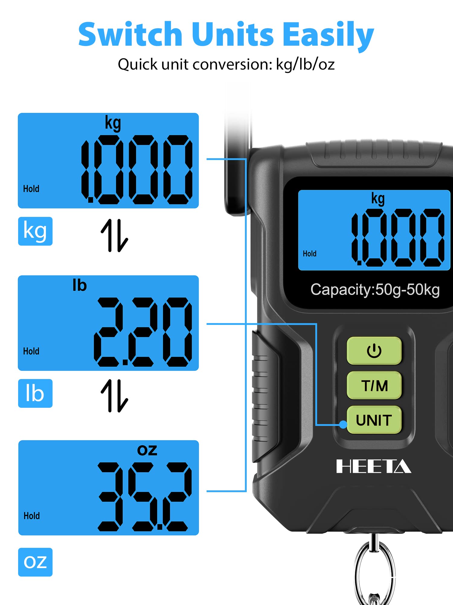 HEETA Waterproof Fishing Scale, Digital Fish Scale 110lb/50kg with Memory Function, Portable Hanging Luggage Scale with Fluorescent Button, 40β Ruler, Backlit LCD Display- Weight Scale, Black