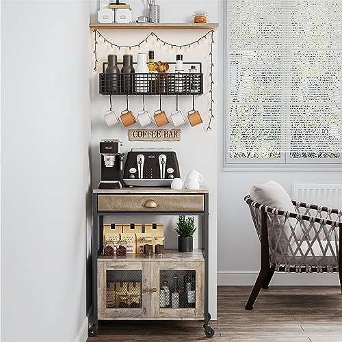 X-cosrack Coffee Bar Cabinet,3 Tiers Kitchen Coffee Cart with Drawer for The Home Buffets & Sideboards, Movable Farmhouse Coffee Station Table on Wheels for Living Room, Entryway, Dining Room, Kitchen