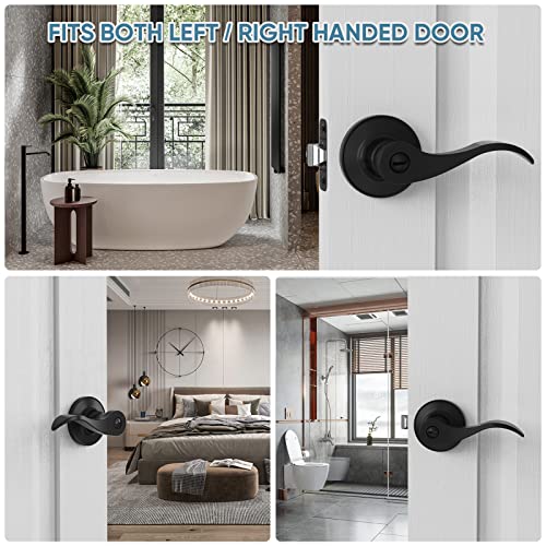 TICONN Black Door Handle, Traditional Wave Style Matte Black Reversible Door Lever for Interior Doors and Closet (Privacy Lock, 5-Pack)