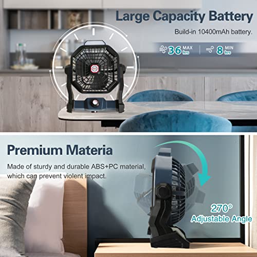 SISMEL Camping Fan Rechargeable, 10400mAh Battery Operated Fan, Ultra Quiet Fan, USB Battery Powered Tent Fan with LED Light and Hook, Stepless Speed, Ldeal for Camp Tents Emergency BBQ
