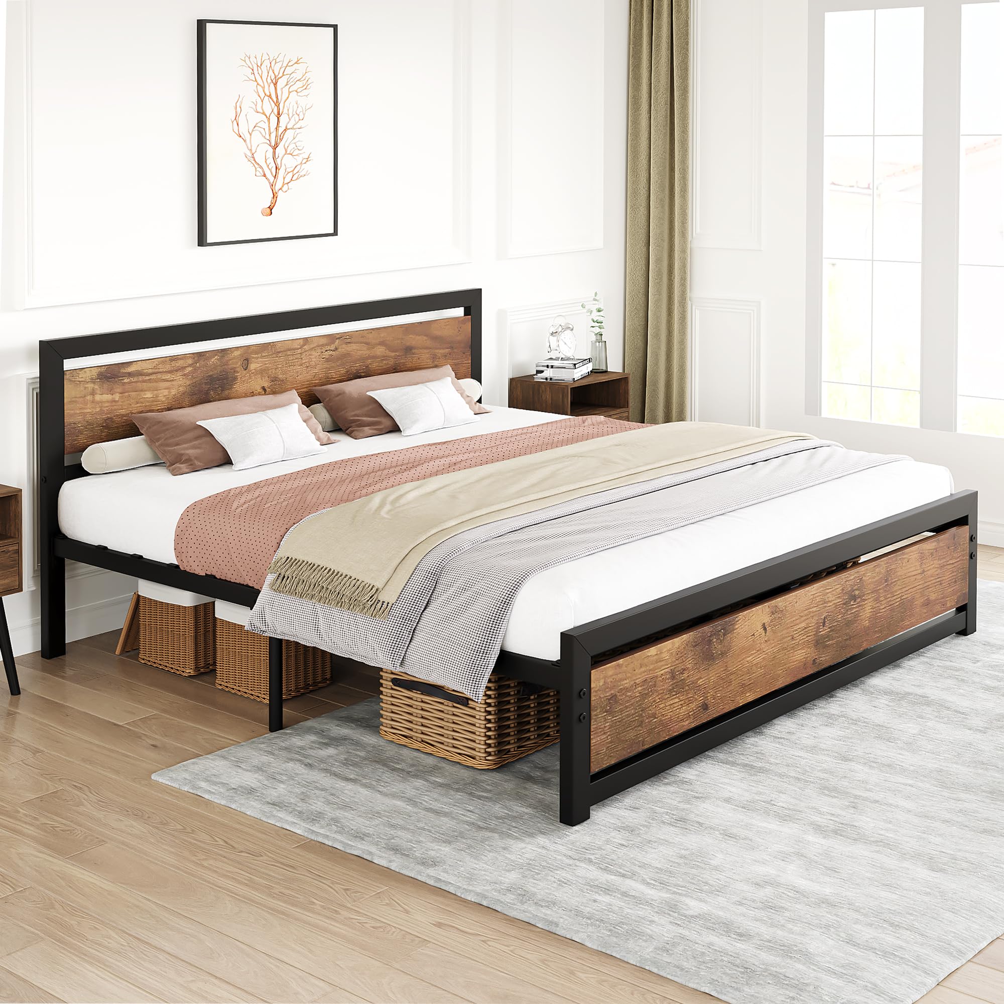 GAOMON King Size Bed Frame with Wooden Headboard, Industrial King Bed Platform Frame with Heavy Duty Steel Slat, No Box Spring Needed Easy to Assemble 14 inch Mattress Foundation - King