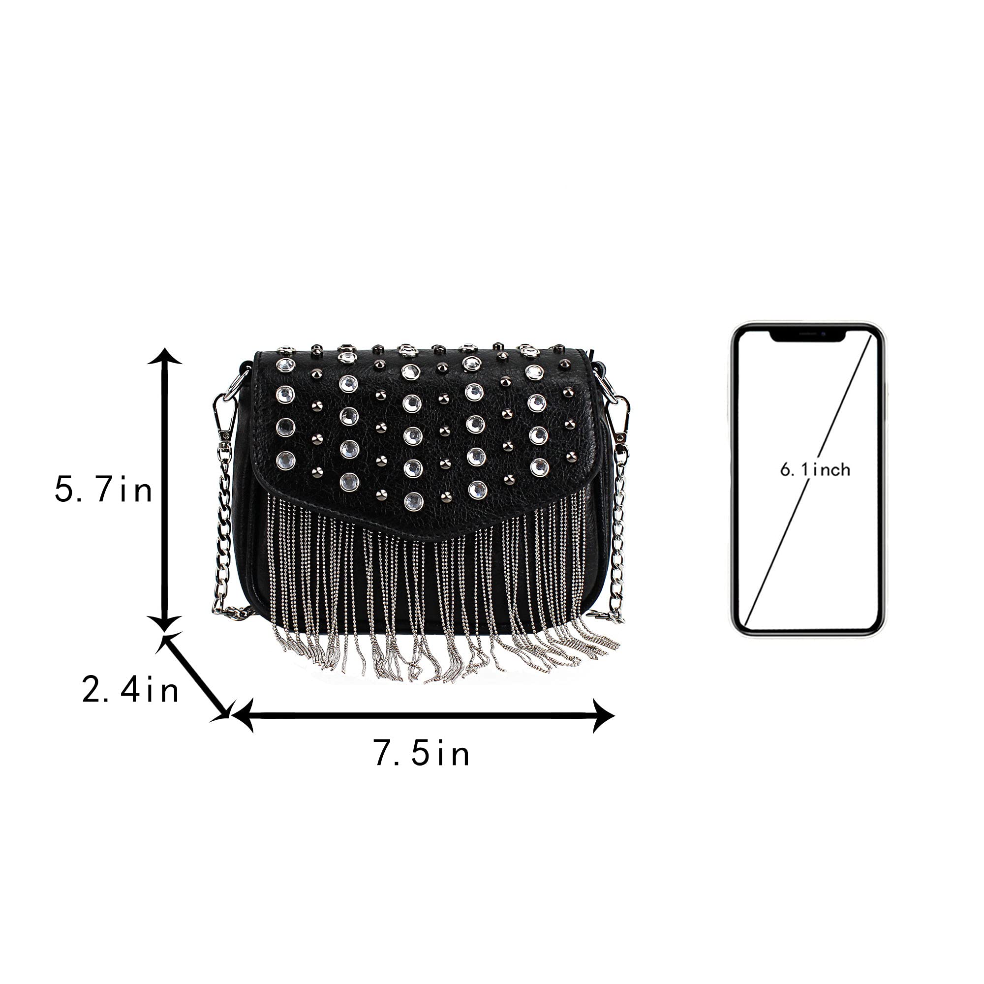 Heidi Women's Small Studs Rivet Crossbody Handbag Fashion Shell Shape Shoulder Messenger Bag (Black(tassel2))