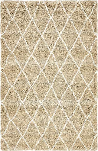 Unique Loom Rabat Shag Collection Modern Tribal Moroccan Inspired Plush & Soft Geometric Design Area Rug (5' 0 x 8' 0 Rectangular, Taupe/ Ivory)