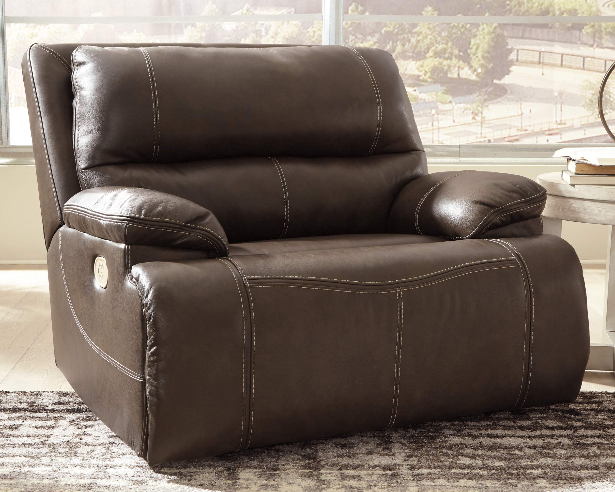 Signature Design by Ashley Ricmen Leather Adjustable Oversized Power Recliner with USB Charging, Dark Brown