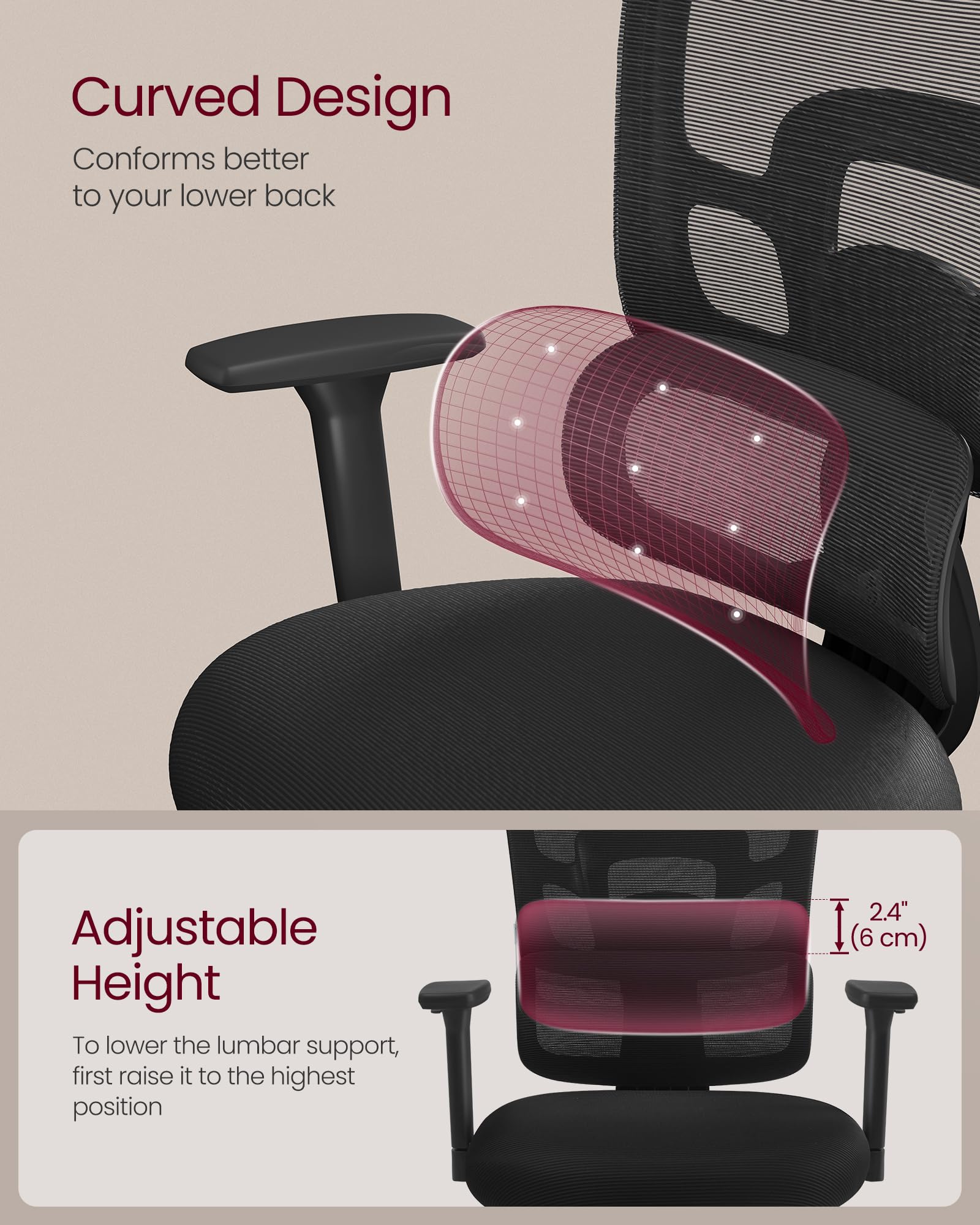 VASAGLE Ergonomic Office Chair, High Back Desk Chair, Mesh Computer Chair with Height Adjustable Lumbar Support, Adjustable 3D Headrest and Armrests, for Home Office, Ink Black UOBN070B21