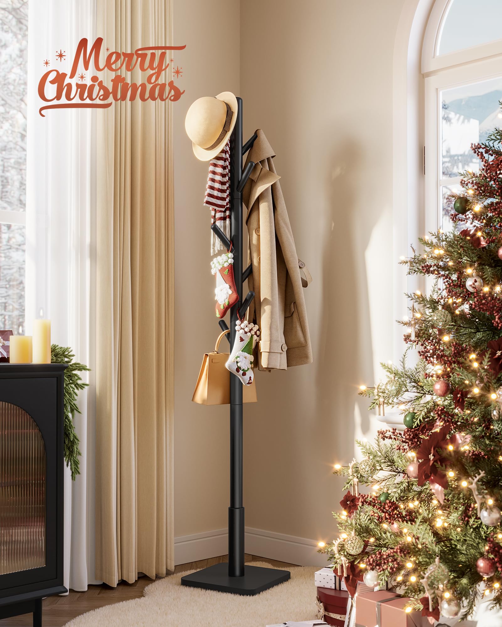 VASAGLE Solid Wood Coat Rack, Free Standing Hall Coat Tree with 8 Hooks, 3 Height Options, for Coats, Hats, Bags, Purses, for Entryway, Hallway, Rubberwood Hooks and Pole, Ink Black URCR010B01
