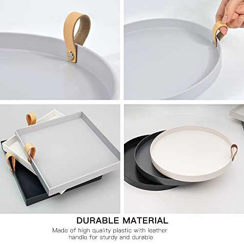 Tynulox Plastic Serving Tray with Leather Handle, Round, Black,10.2x10.2x1 Inch, 1 Pcs