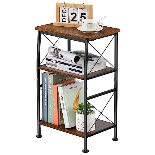 ruboka 3-Tier Small End Table, Small Side Table with Storage Shelf, Small Bookshelf with Metal Frame for Small Spaces, Nightstand, Bookcase, Display Rack for Bedroom, Living Room.