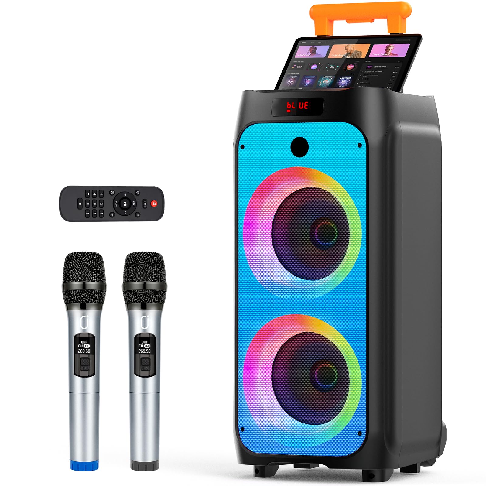 HWWR Karaoke Machine with 2 Wireless Microphones for Adults, Portable Bluetooth Speaker with Wheels and Disco Lights, Big Subwoofer PA System, Party Karaoke Speaker Support TWS/USB/TF Card/AUX/REC