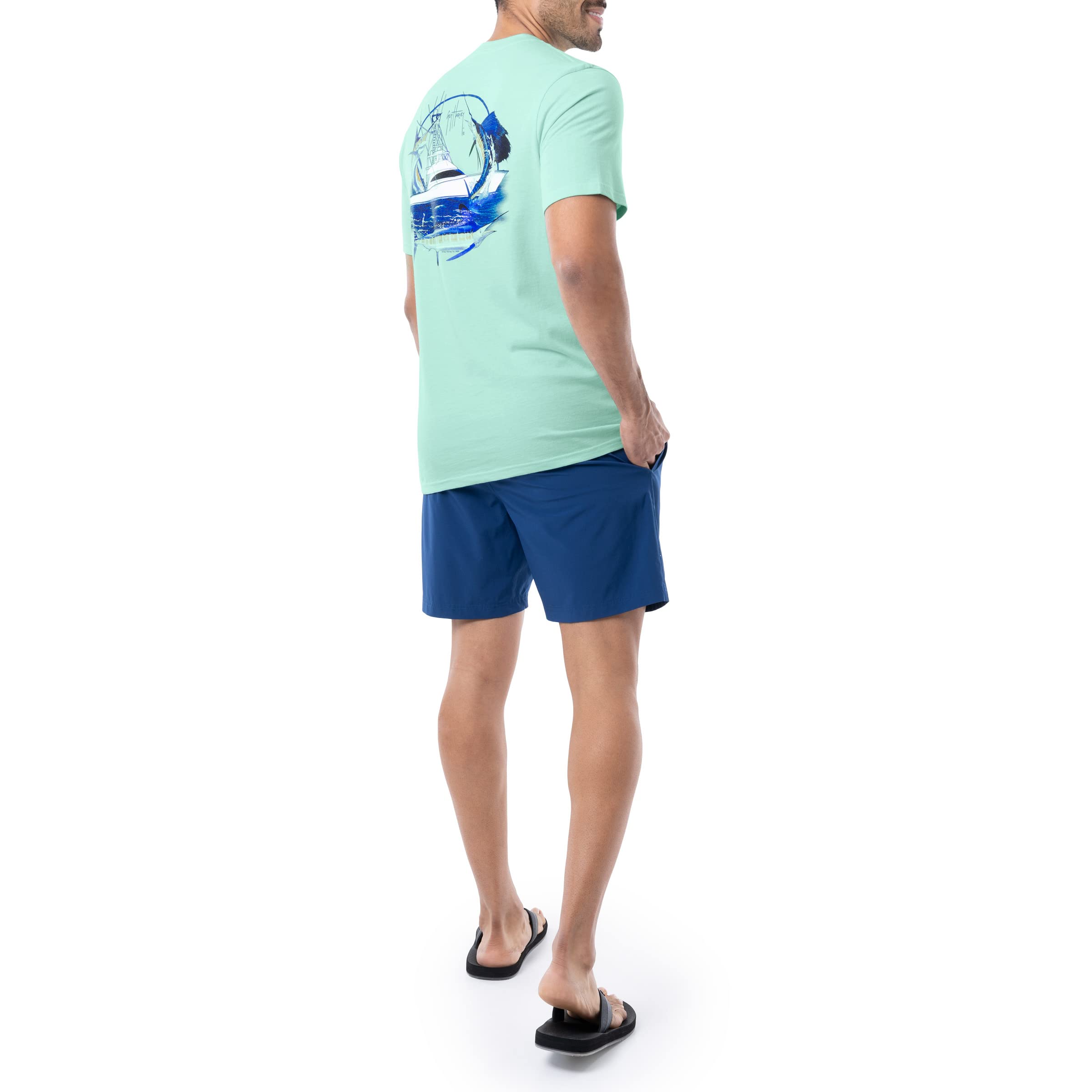 Guy Harvey Men’s All American Short Sleeve T-Shirt, Coastal Blue Heather/All American, X-Large