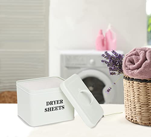 Xbopetda Dryer Sheets Holder for Organization and Storage, Modern Farmhouse Metal Laundry Dryer Sheet Dispenser, Dryer Sheet Container with Lid for Laundry Room Decor-White