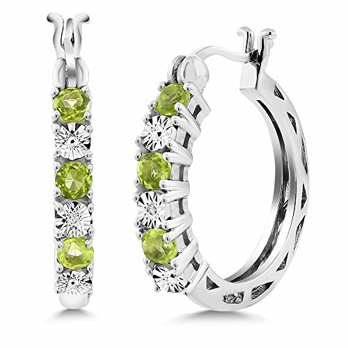 Gem Stone King 925 Sterling Silver Green Peridot and White Diamond Accent Hoop Earrings For Women (0.83 Cttw, Gemstone Birthstone, 22MM = 0.85 Inches Diameter)