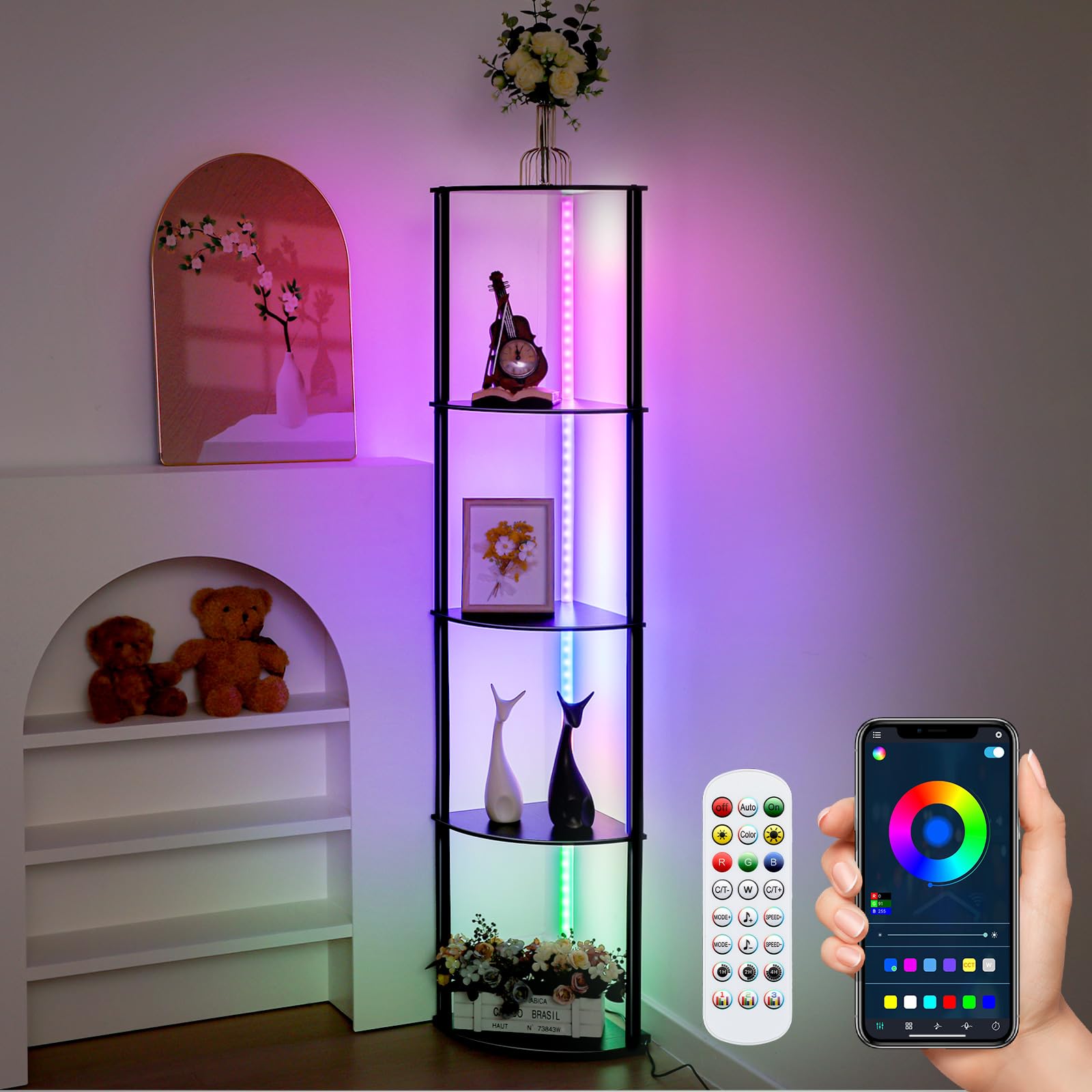 Threehoney 5 Tiers Corner Shelf with Light Display Corner Bookshelf with Light Floor Corner Lamp with Shelves Corner Storage Cabinet Corner Decor for Living Room Home, Mobile APP and Remote Control