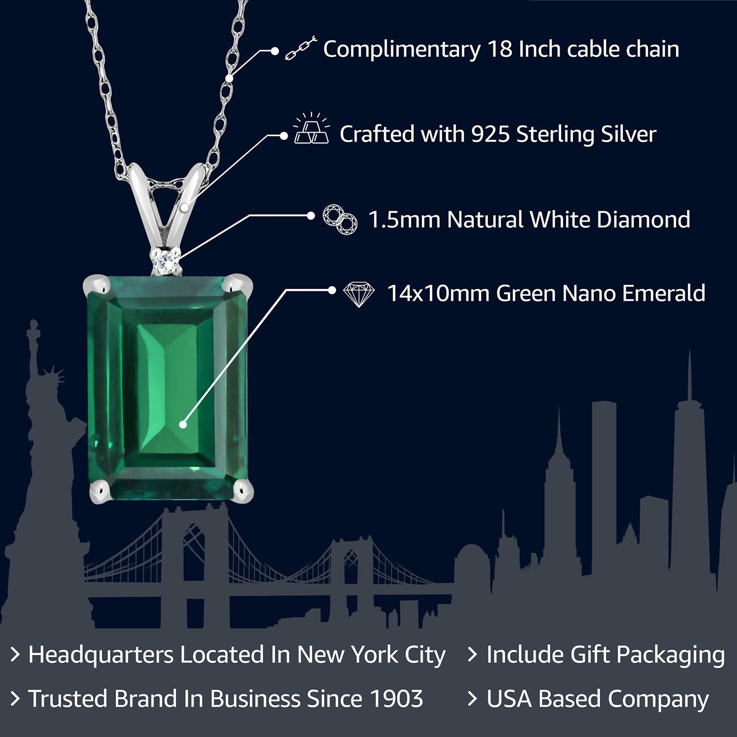Gem Stone King 925 Sterling Silver Gemstone Birthstone and White Diamond Necklace | Emerald Cut 14X10MM Pendant Necklace for Women | With 18 Inch Silver Chain