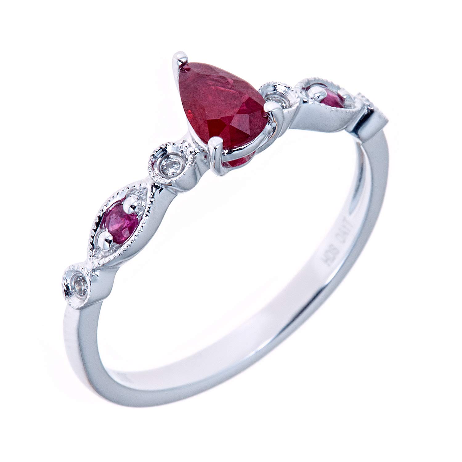 Gin & Grace 10K White Gold Pear Cut Genuine Ruby & Natural Diamond Band Style Engagement Promise Propose Promise Ring for Women