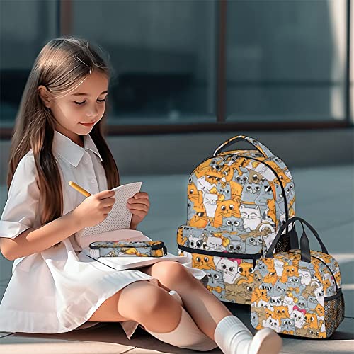XaocNyx Cat Backpack with Lunch Box and Pencil Case Set, 3 in 1 Matching Girls Boys Colorful Backpacks Combo, Cute Bookbag and Pencil Case Bundle