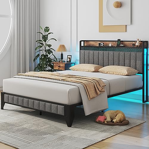 Saudism Full Size Bed Frame with Charging Station, Bed Frame with Led Lights, Full Platform Bed Frame with Soft Storage Headboard, Sturdy and Durable, No Box Spring Needed, Rustic Wood + Steel, Grey