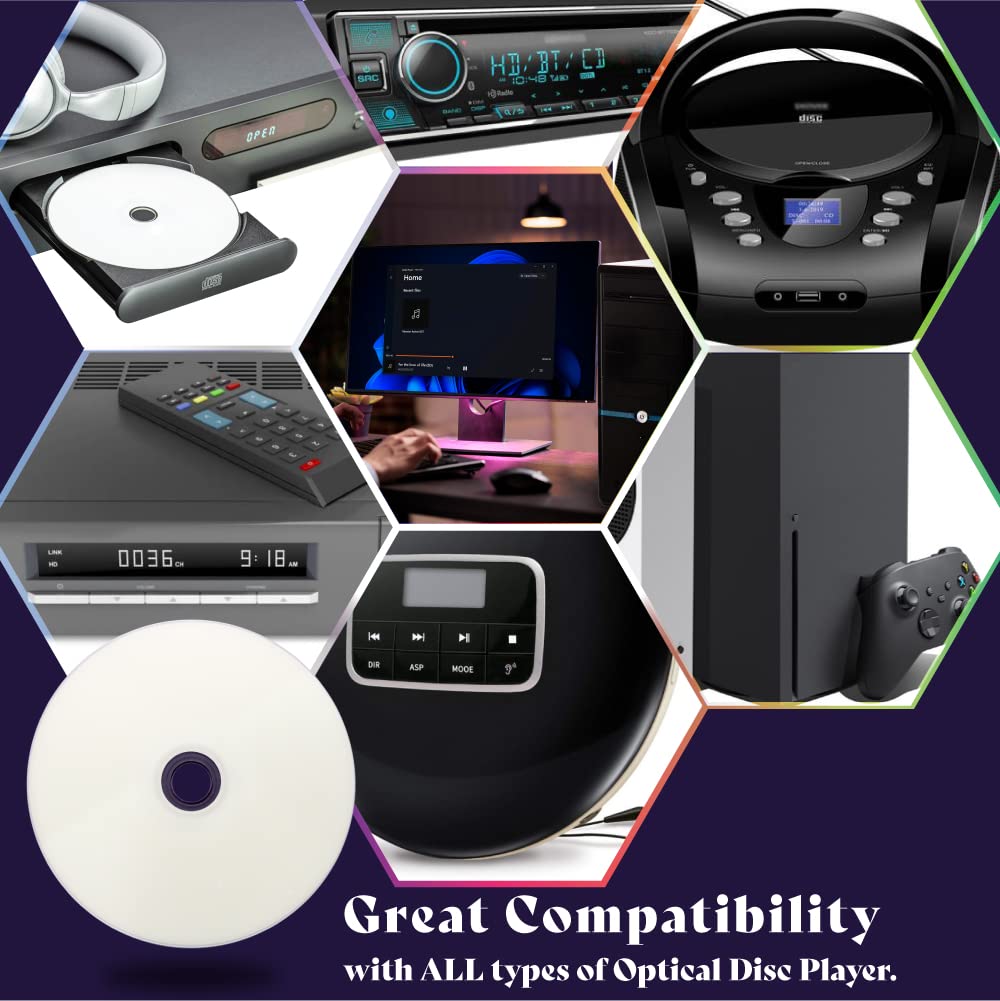 PioData CD-R 52X 700MB Moisture Resistant White Inkjet Printable CD-R Blank Discs β 100 Disc Cake Box Spindle, Printable CDR Discs for Music, Data