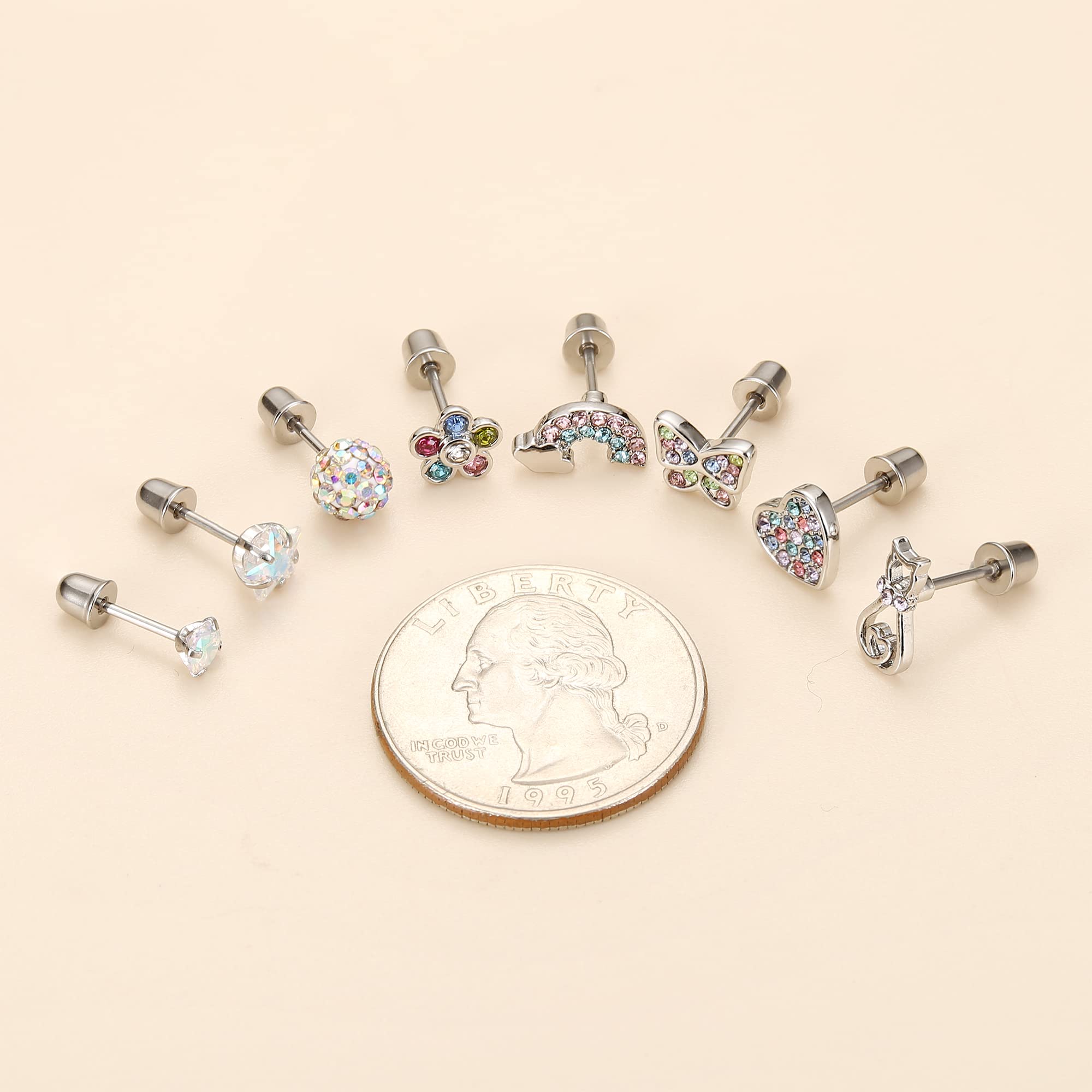 Helicopchain 8 Pairs Hypoallergenic Screwback Earrings Studs for Women Teens 316L Stainless Steel CZ Heart Screw Back Earring Studs Flower Multicolored Butterfly Stud Earrings Set