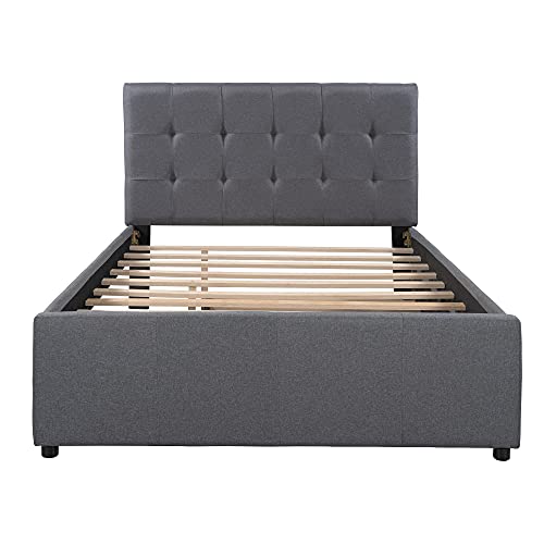 RUNWON Full Size Linen Upholstered Platform Bed with Headboard and Trundle for Bedroom Living Room, Space Saving Design, Grey