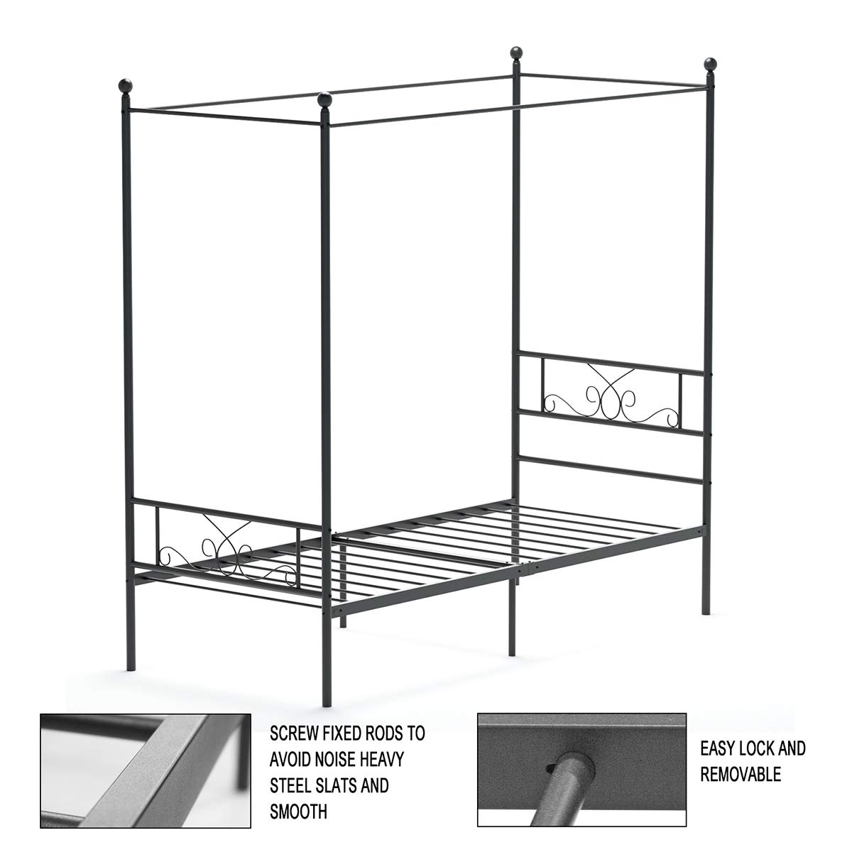 Weehom Full Canopy Bed Frame with Headboard and Footboard, 4 Posters Metal Bed Frame, No Box Spring Needed, Mattress Foundation Platform Bed for Kids and Adults, Black