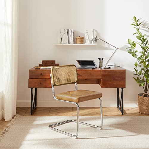 Zouron Mid-Century Modern Dining Chairs, Leather Accent Kitchen Chairs with Rattan Back, Armless Upholstered Fabric Spone Chairs with Chrome Metal Legs, Set of 2, Yellwo Brown