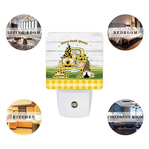 Plug-in Night Light,Gnome Sunflower Truck Yellow Plaid Wall LED Lamp with Sensor Auto Dusk to Dawn Sensor,Farm Green Grass Rustic Plank Nightlights for Bedroom Bathroom Kitchen Hallway Stairs Decor