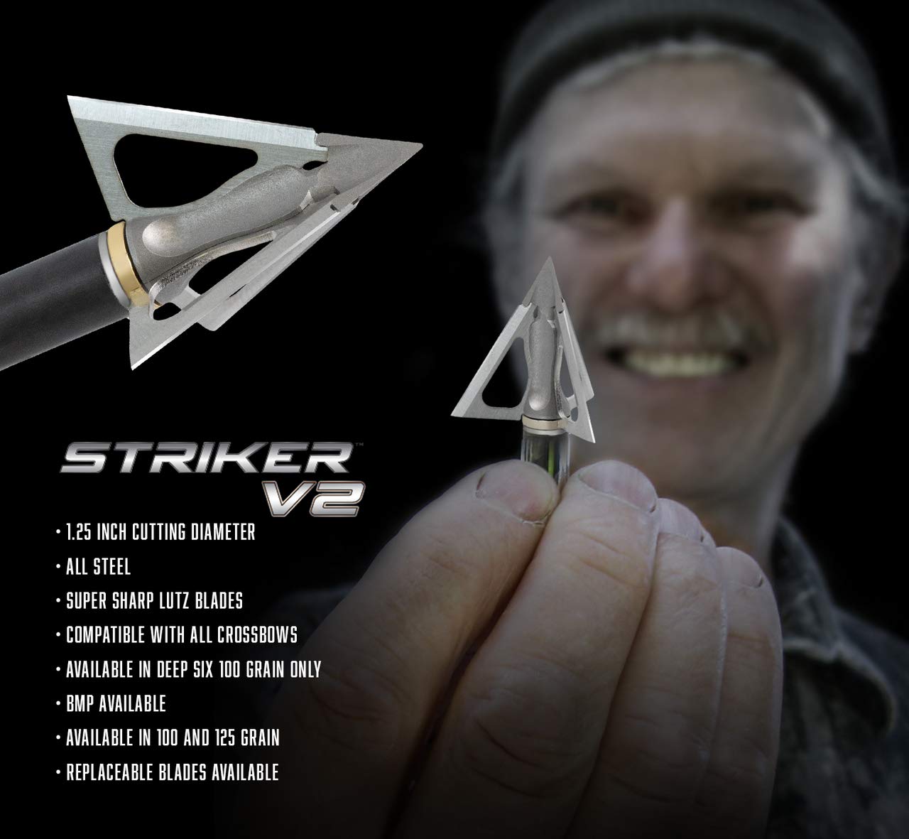 G5 Striker V2 Fixed 3-Blade Broadhead - Archery Hunting Steel Ferrule 100 Grain 1.25" Cutting Diameter Broadhead - Crossbow Version