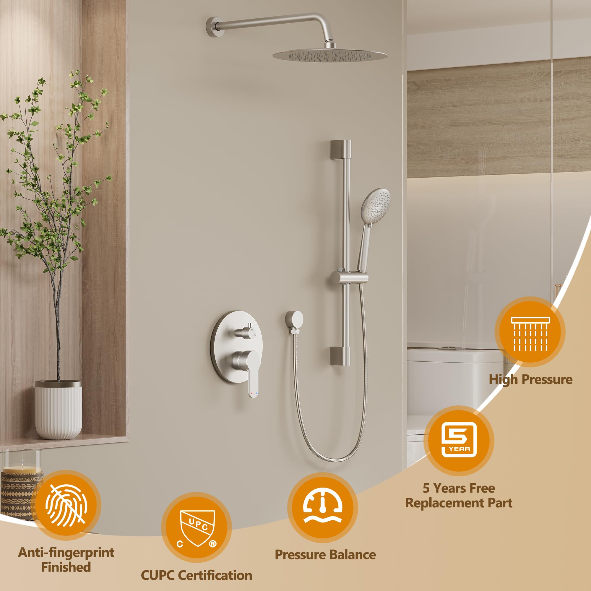 Gabrylly Slide Bar Shower System, Shower Faucet Set Complete with High Pressure 8" Rain Shower head and 5-Setting Handheld Shower Set, Shower Valve Include, Brushed Nickel