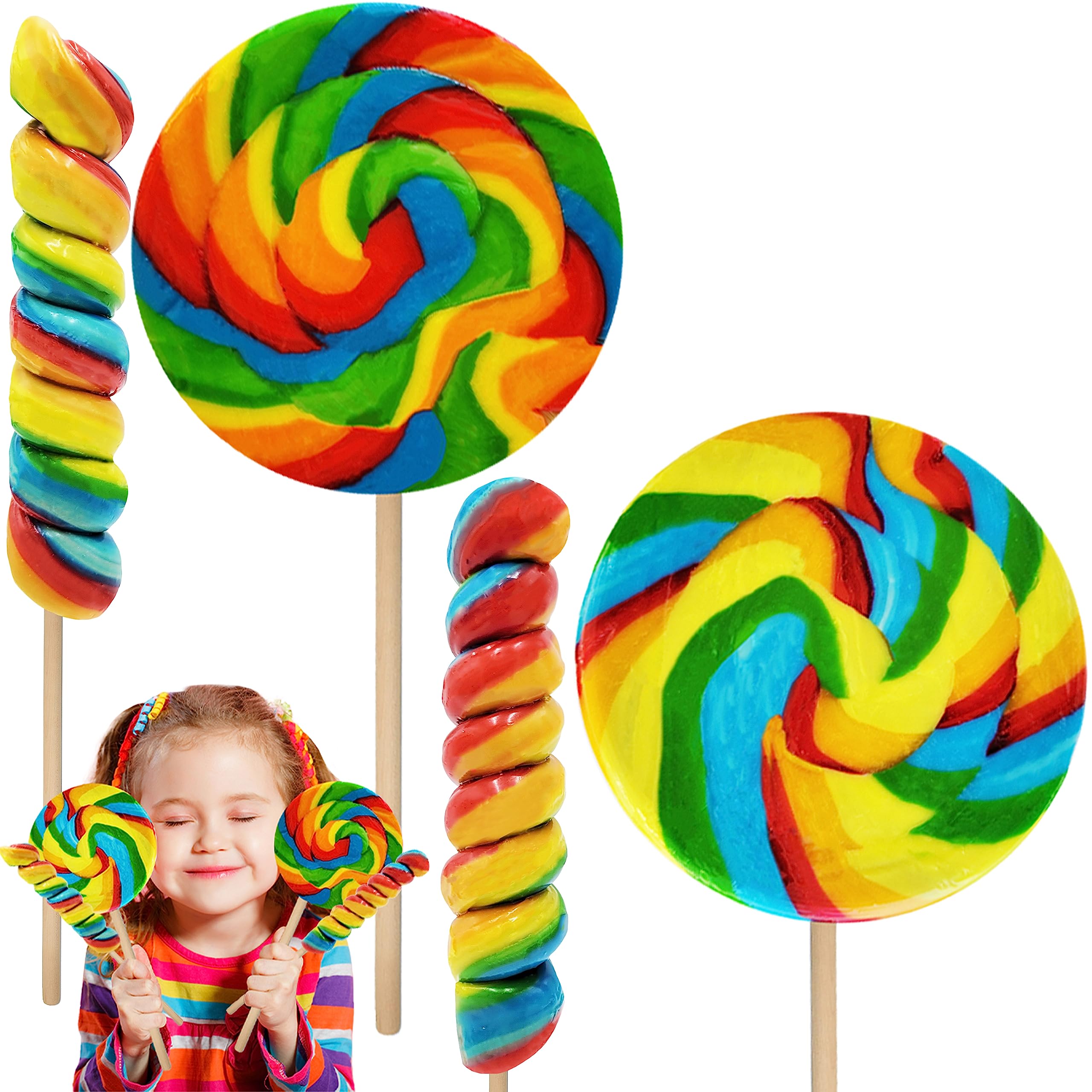 Fruidles Jumbo Rainbow Twists and Swirls Lollipop Mix, Mixed Fruit Flavor, Individually Wrapped, 10" & 8.5" Inch Suckers (110 Grams Per Suckers (6-Pack)