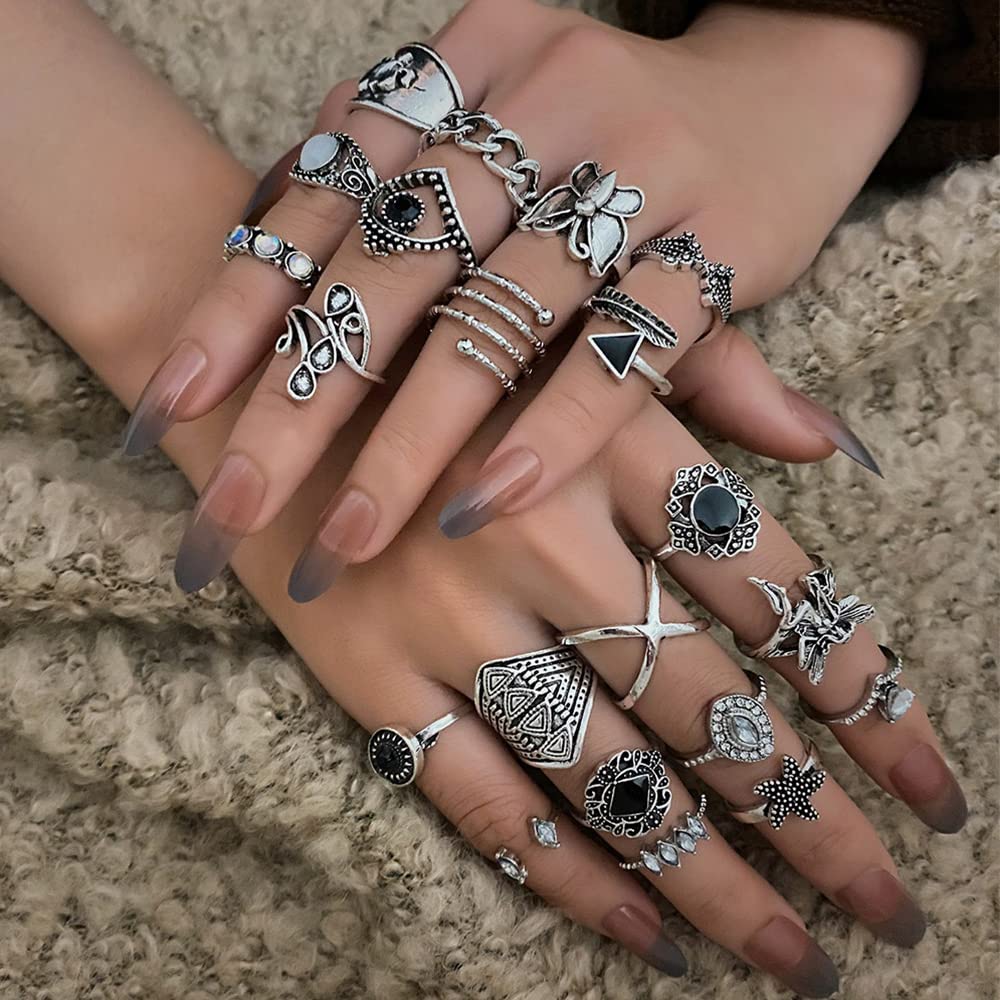IFKM 80 Pcs Vintage Silver Knuckle Rings Set for Women Stackable Y2K Aesthetic Joint Finger Ring Bohemian Retro Midi Rings Boho Butterfly Snake Crystal Stacking Rings Pack for Girls