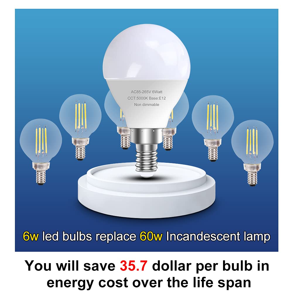 GOSCHE 12 Pack Bright Ceiling Fan Light Bulbs, 60 Watt Equivalent, 5000K, E12 Led Bulb, A15 Shape Candelabra Base Chandelier Light Bulb, 120V Small Bulb, Non-Dimmable, Daylight, 12 Pack